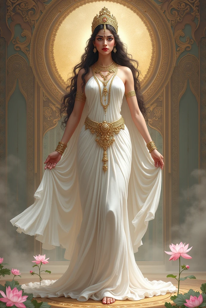 Show indian goddess in a majestic pose, with a crown on her head ...