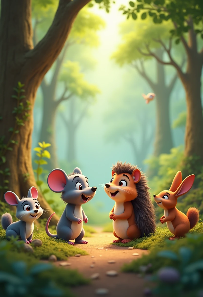 a grey mouse, hedgehog and forest animals talking animated for ...