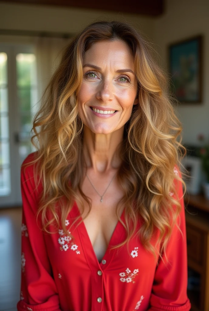 60-year-old woman with long and voluminous hair , curly, in a golden ...
