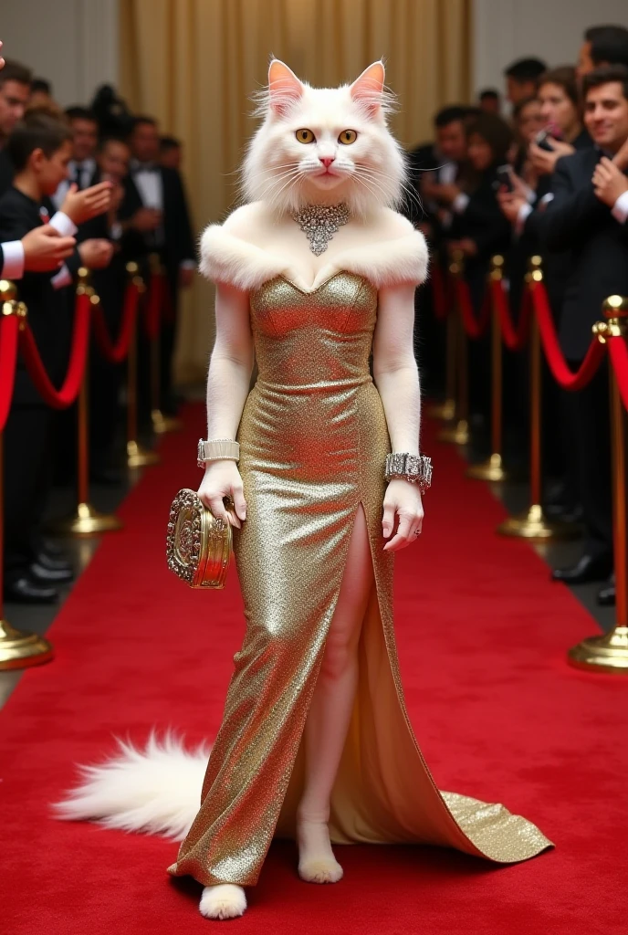 Celebrity Red Carpet Cat" – A white Maine Coon cat in a glittering gold ...