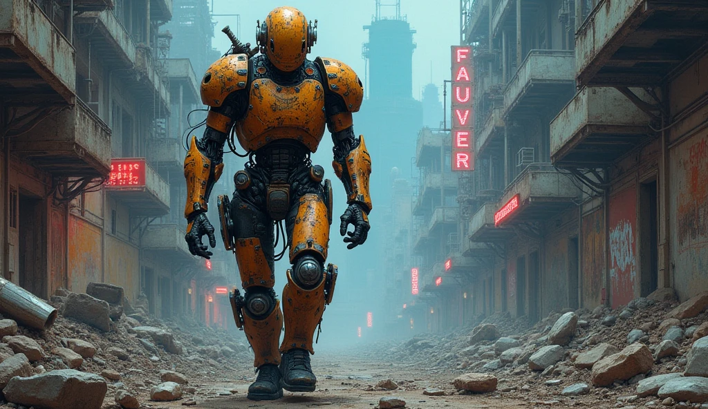 A weathered exotic droid mechanic, its metal body revealing intricate ...