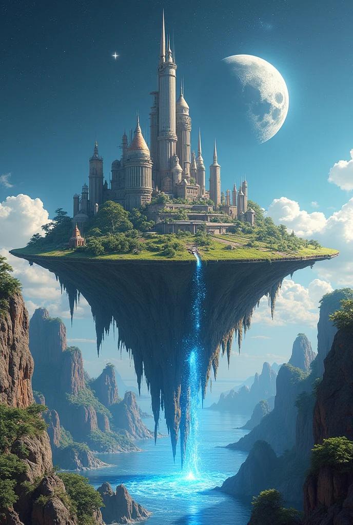 A flying island with lunar flora and futuristic buildings in the ...