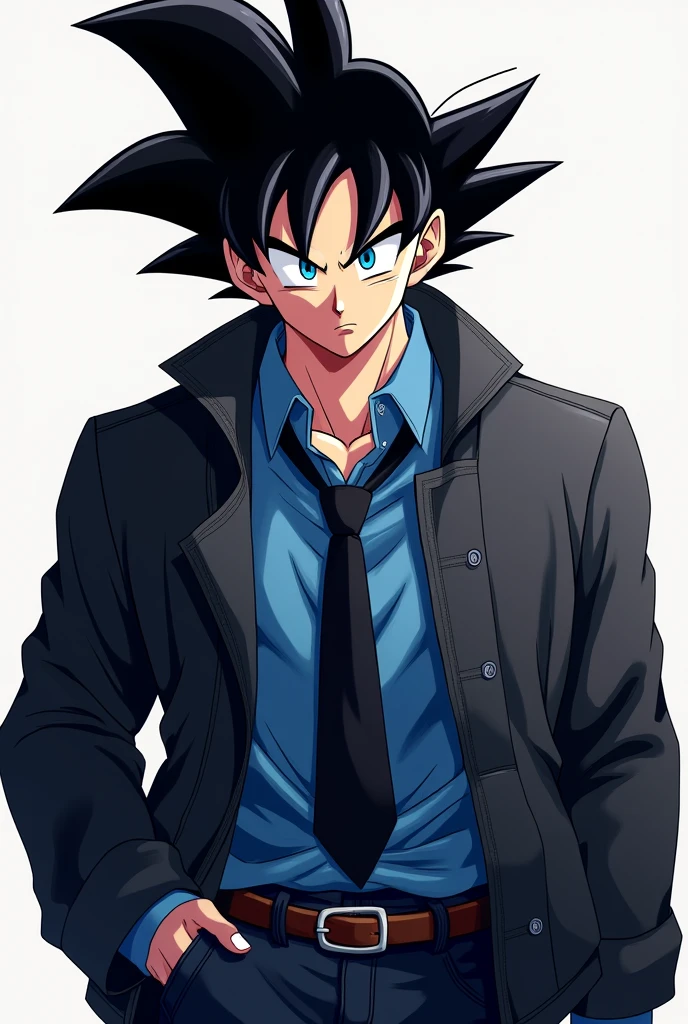 Goku with a black jacket and with a blue shirt and with a black tie and ...