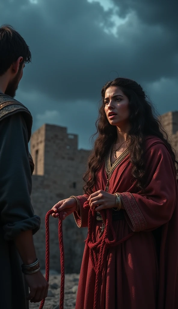 Create a scene of Rahab speaking earnestly to the spies, with a red ...