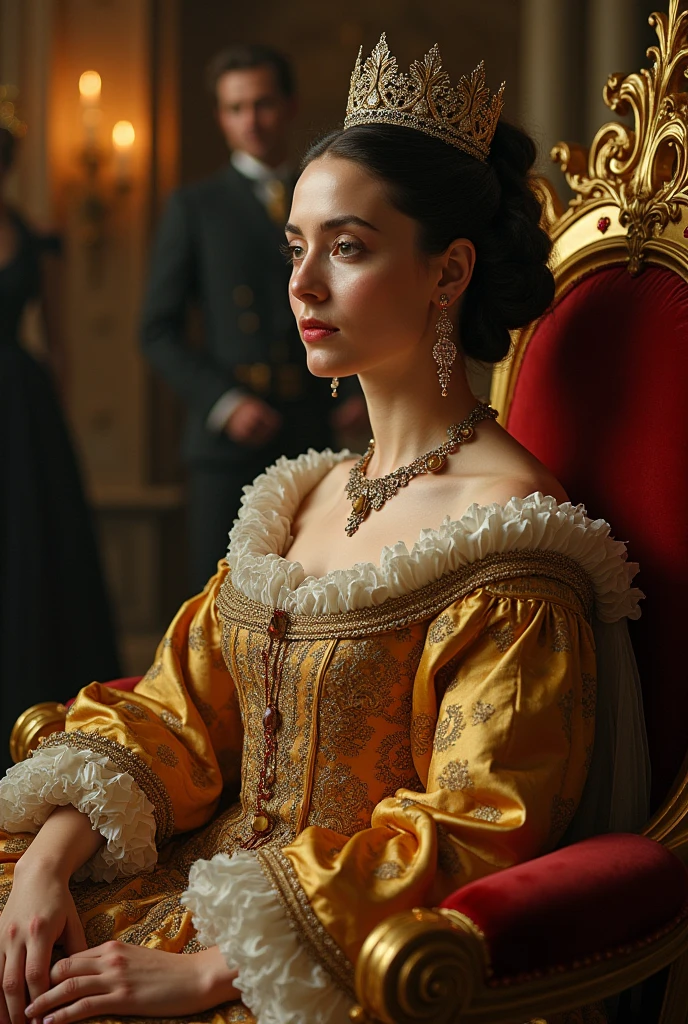 “Queen Isabel II of Spain sitting on a golden throne, dressed in an ...