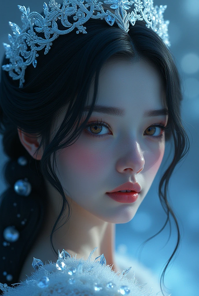 Ice queen with frosted diamonds in her hair a round face and thick lips ...