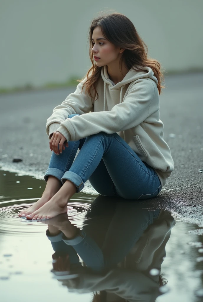 Woman relaxing into puddles, jeans, hoodie, feet, wet - SeaArt AI