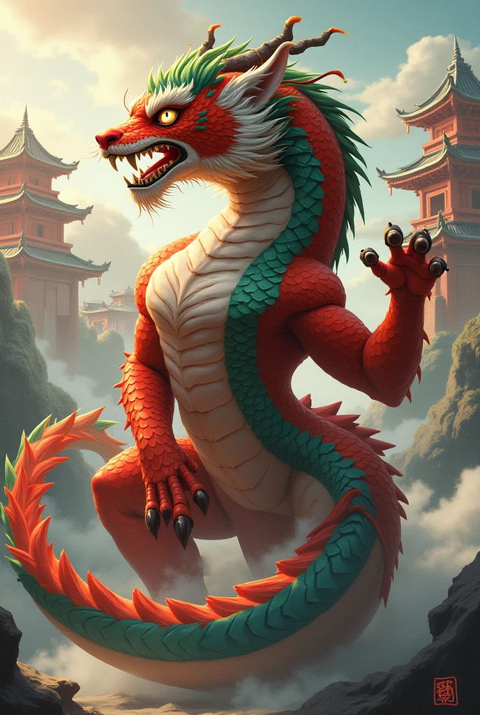 Red and green buff Anthropomorphic sabertooth tiger x chinese dragon fursona ref - SeaArt AI