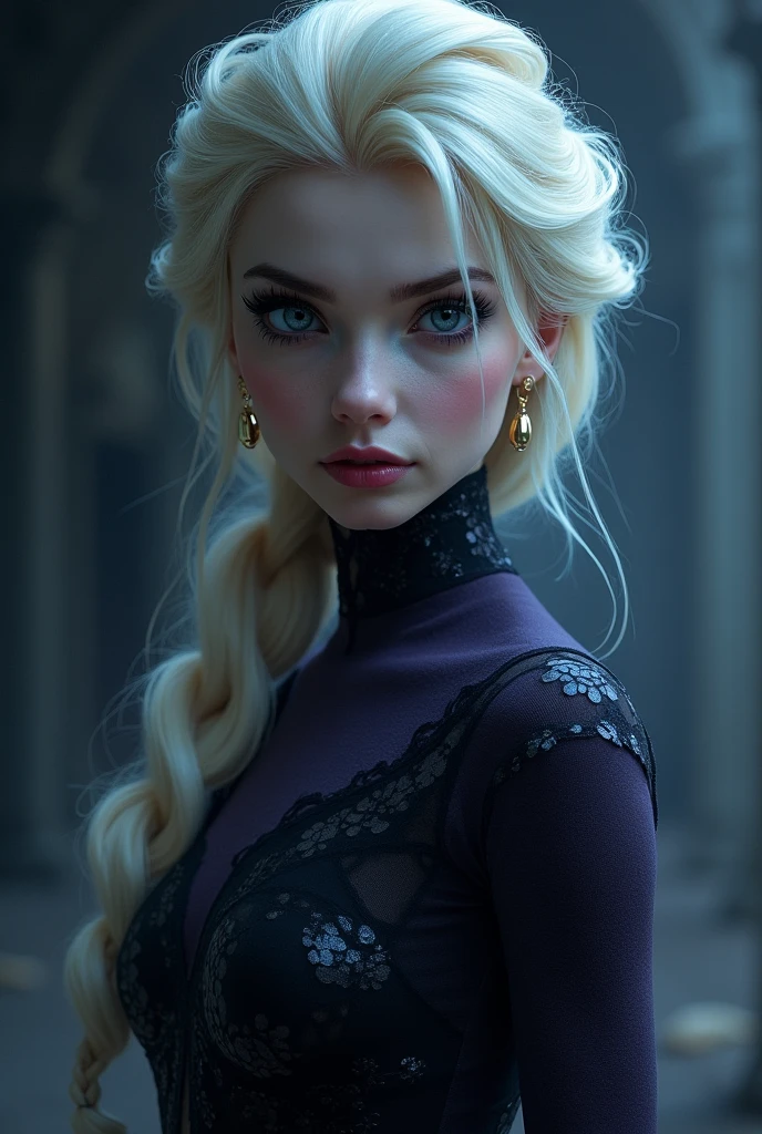 A woman who looks like Elsa and she is wearing a dark purple jumper ...