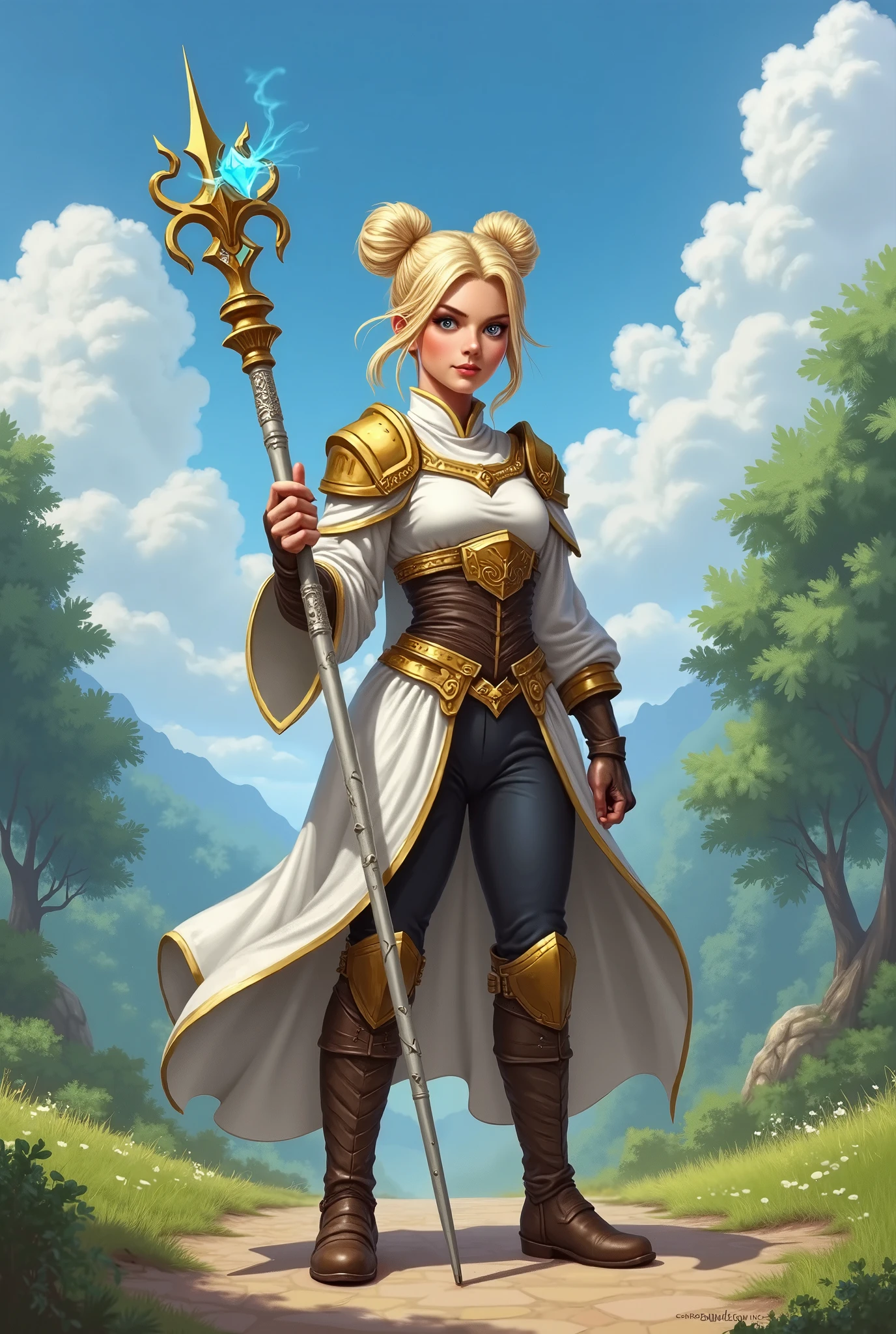 A woman in a white and gold outfit holding a sword - SeaArt AI
