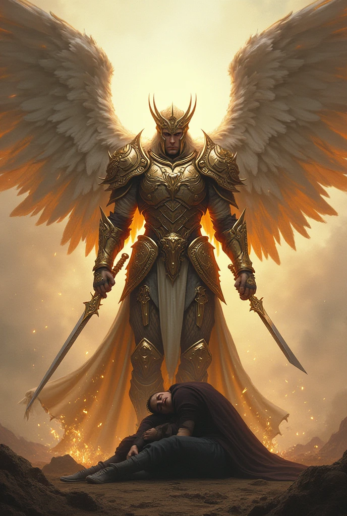 Angel in battle armor protecting soldier in war - SeaArt AI