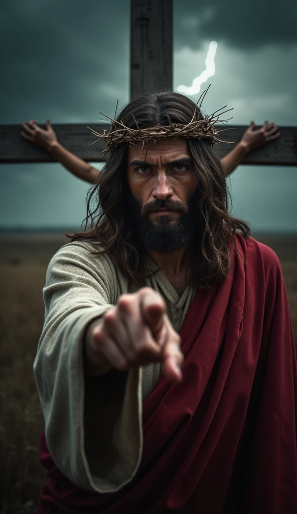 A dramatic and realistic portrait of Jesus Christ in the foreground ...
