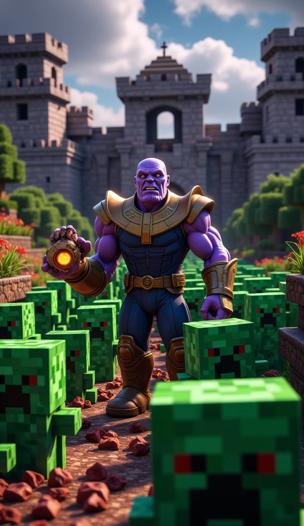 Thanos leading an army of Creepers to a Minecraft stronghold - SeaArt AI