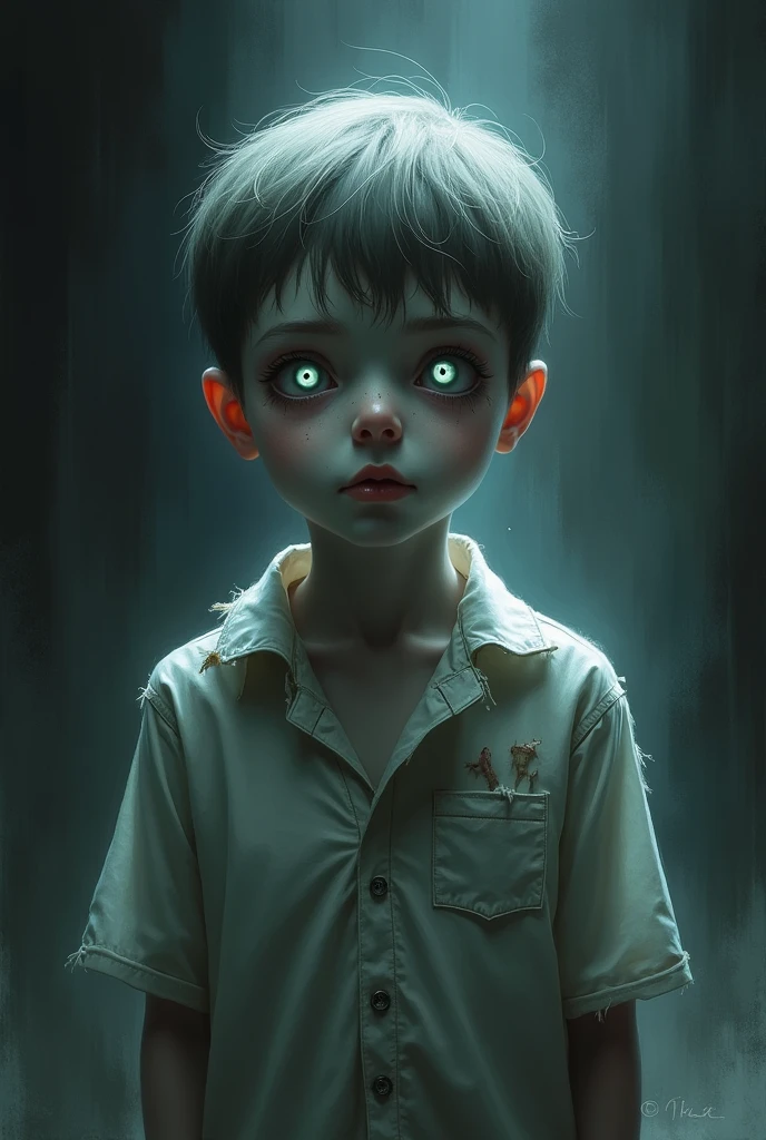 Make a 2D image of a scary ghost boy a male boy with an expression ...