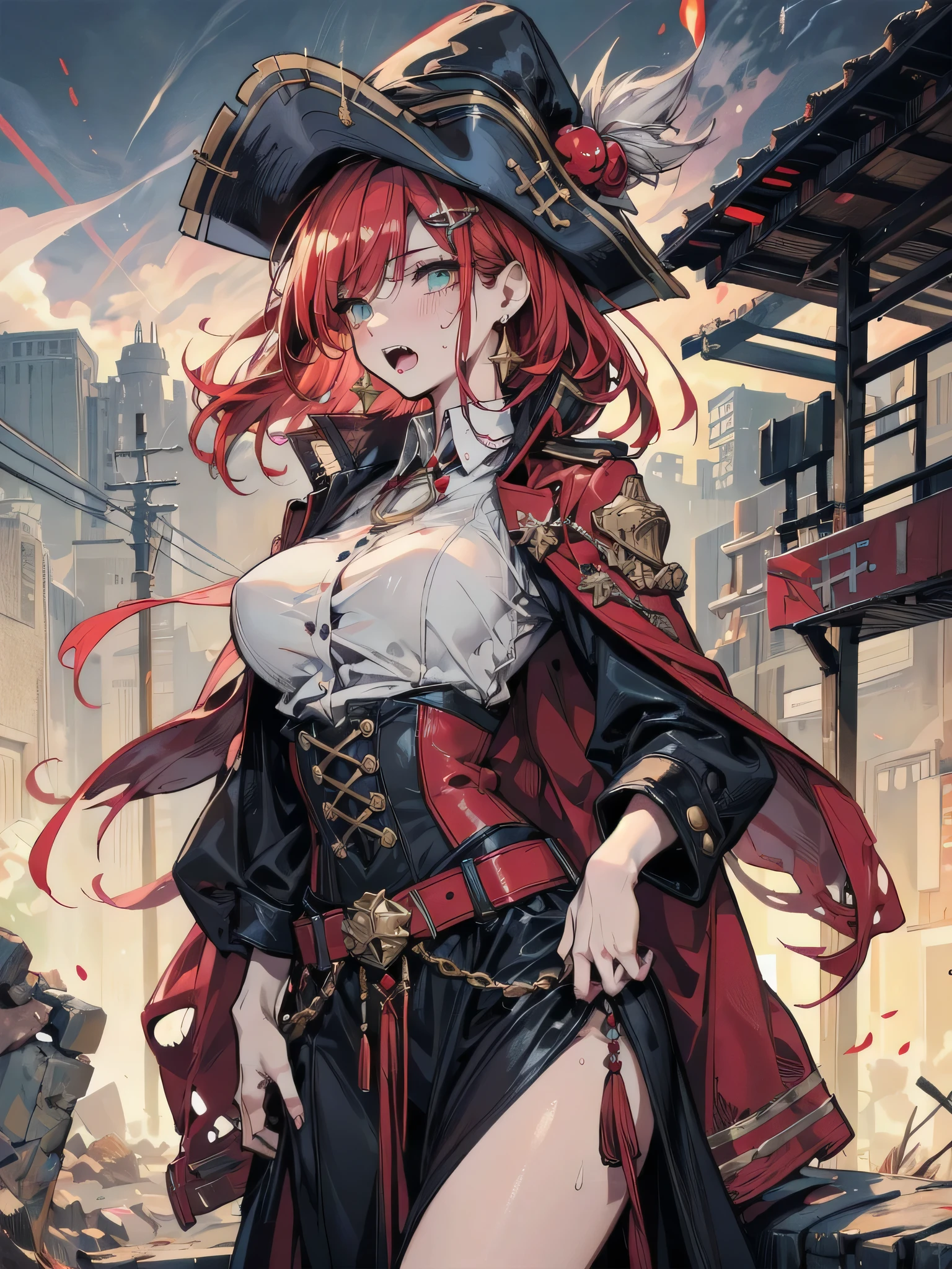 Anime girl in a pirate costume standing in front of a destroyed ...