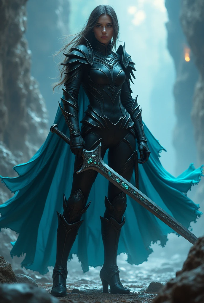 20-year-old warrior heroine with all-black armor, capa cyan - SeaArt AI