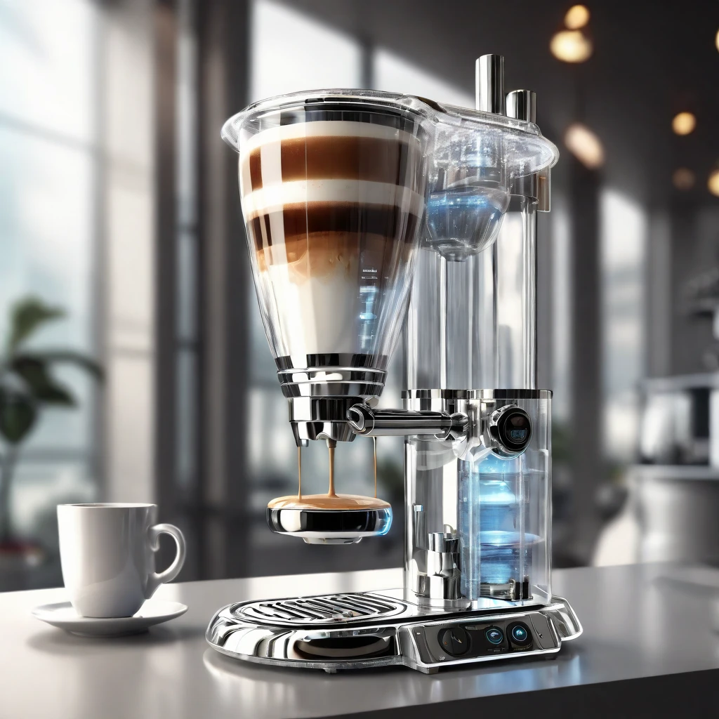 Glasstech,scifi, transparent ,coffee machine , detailed background ...