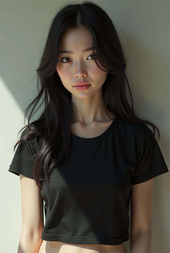 Japanese pretty girl, Slender, Skinny body, long hair , black t - SeaArt AI