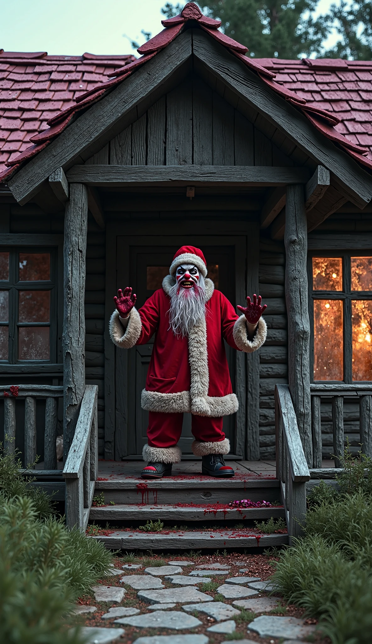 Araffe dressed in santa claus costume standing on steps outside a house ...