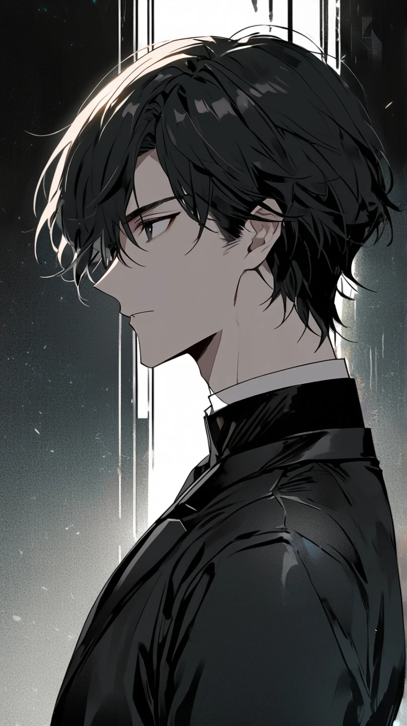 A handsome young man with black eyes and black suit like a manhwa ...