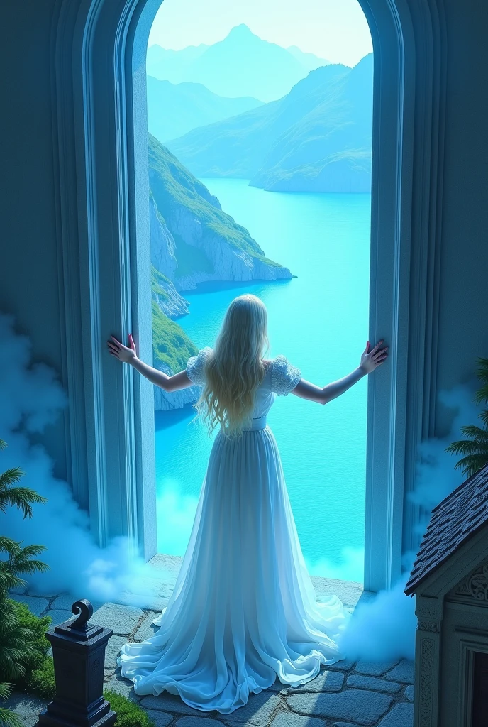 full of blue light る, holding down a huge portal door with both hands ...