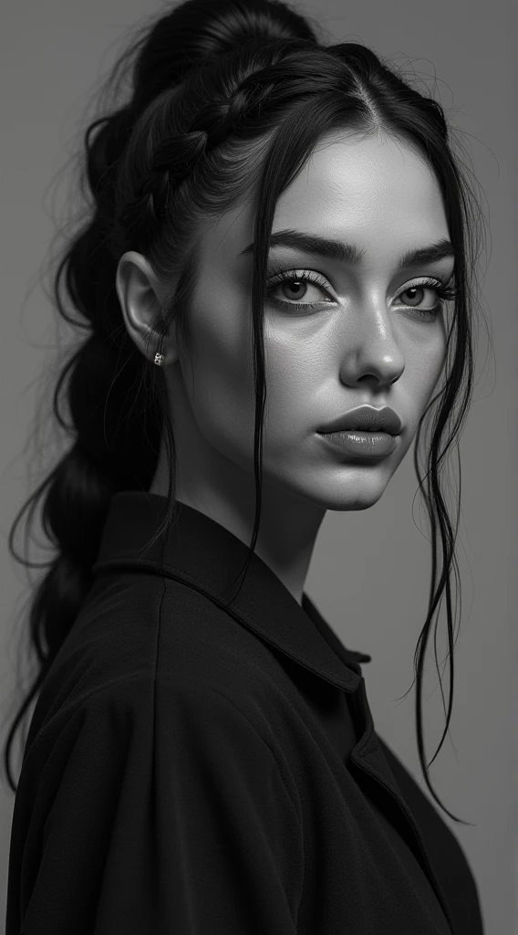a black and white photo of a woman with braided hair, Digital art by ...