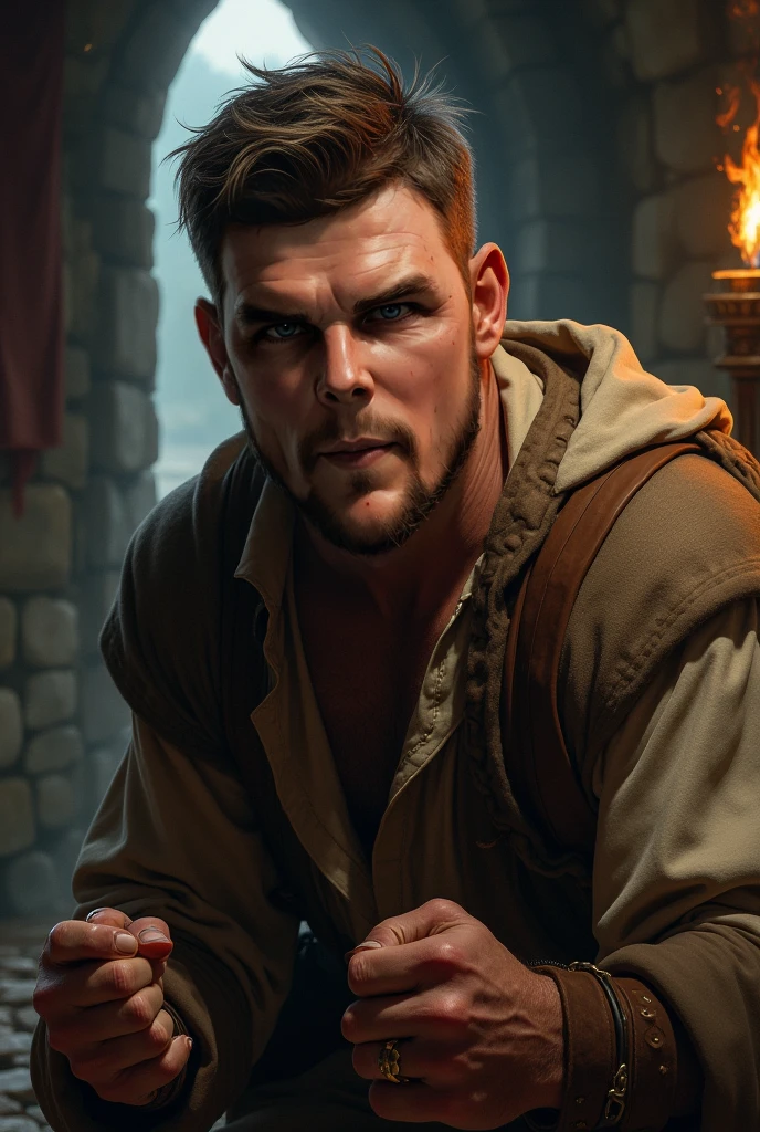 This boy as a medieval adult with a passionate and confused look ...