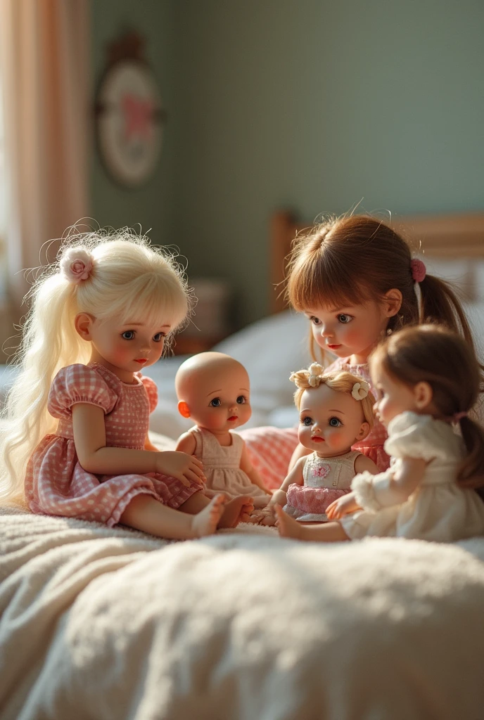 Pictures of several dolls playing on the mattress - SeaArt AI