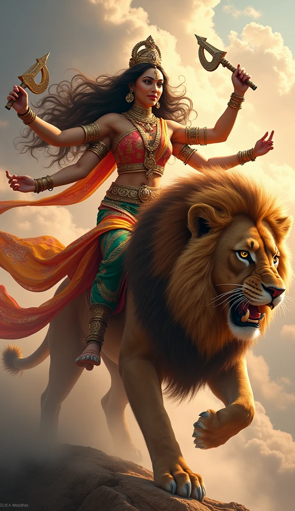 The majestic and fierce goddess Durga in full saree rides a fearsome ...