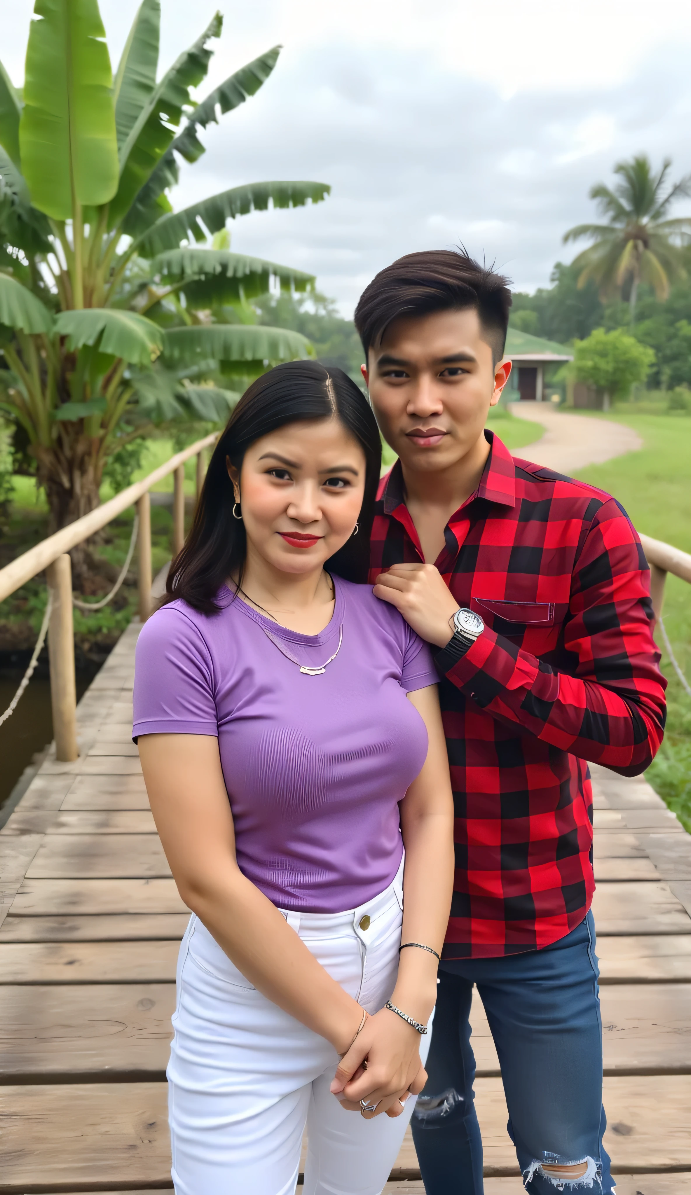 There is a man and woman standing on a bridge together - SeaArt AI