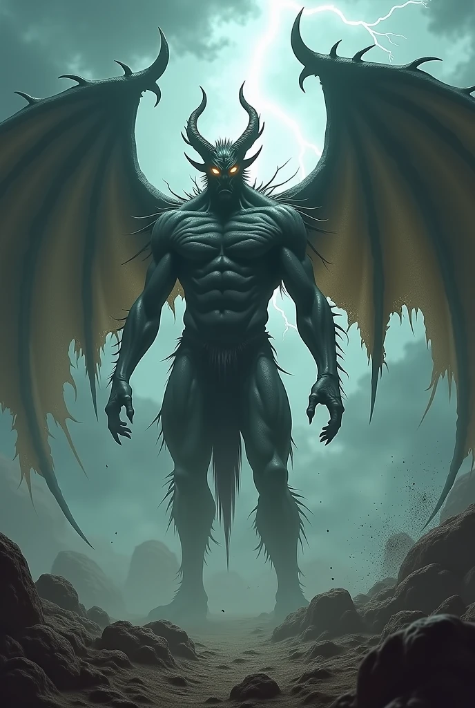 A fearsome demon with massive, tattered wings, its body surrounded by ...