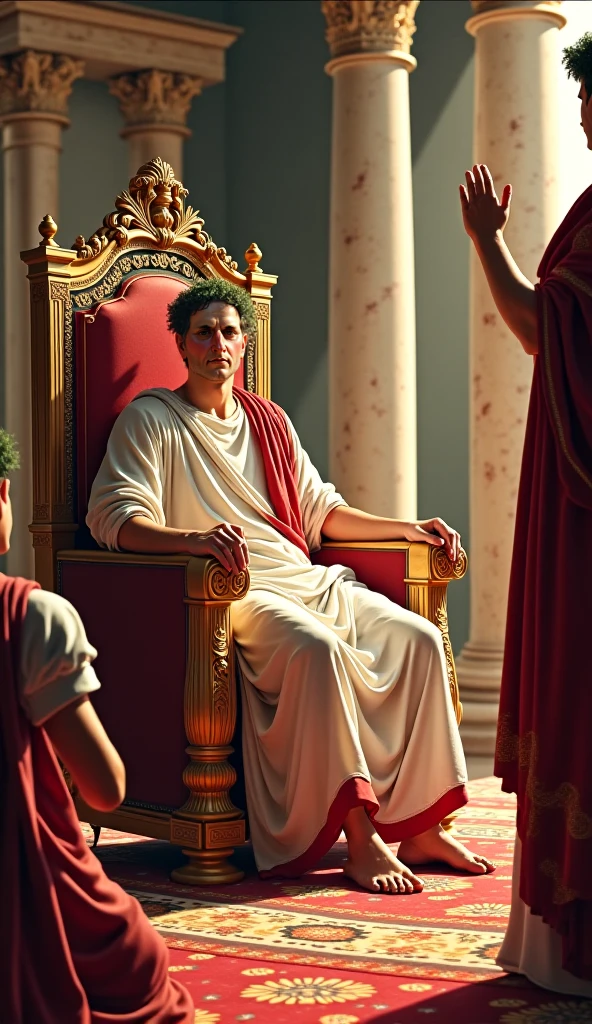 A majestic Roman throne room bathed in golden light, featuring towering ...