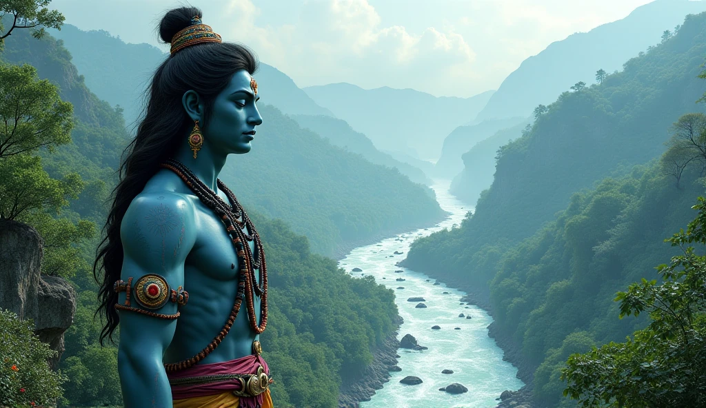 The mighty river Ganga descending from heaven onto Shiva’s head - SeaArt AI