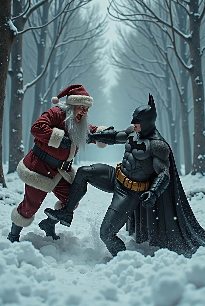 Create a photo of screaming horror santa pushing batman to the ground ...