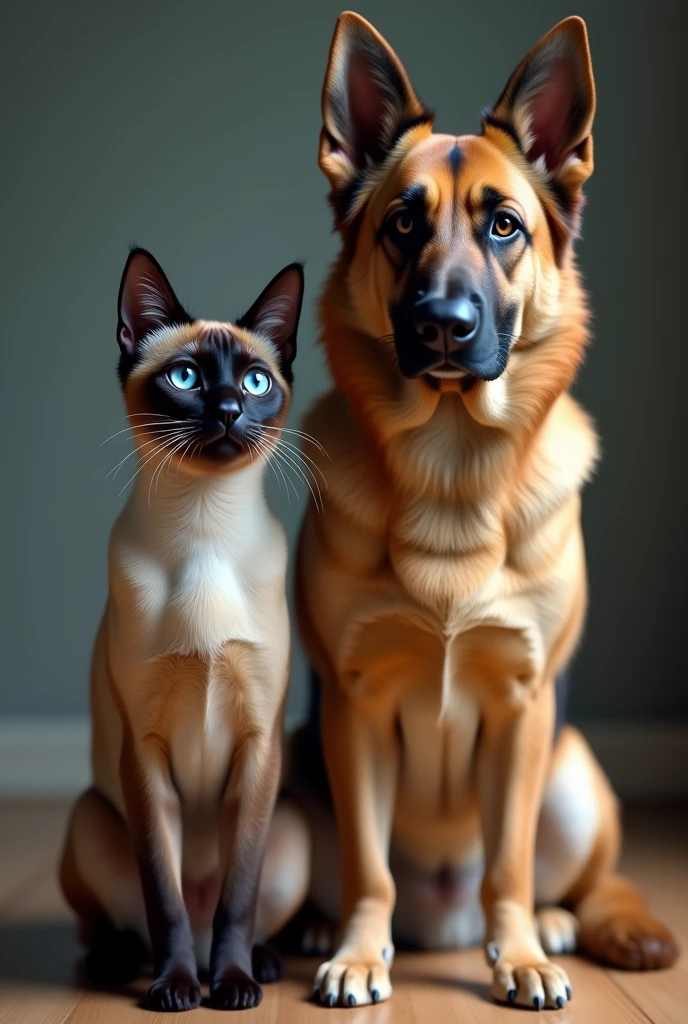 Full portrait of a Siamese cat and a shepherd dog. - SeaArt AI