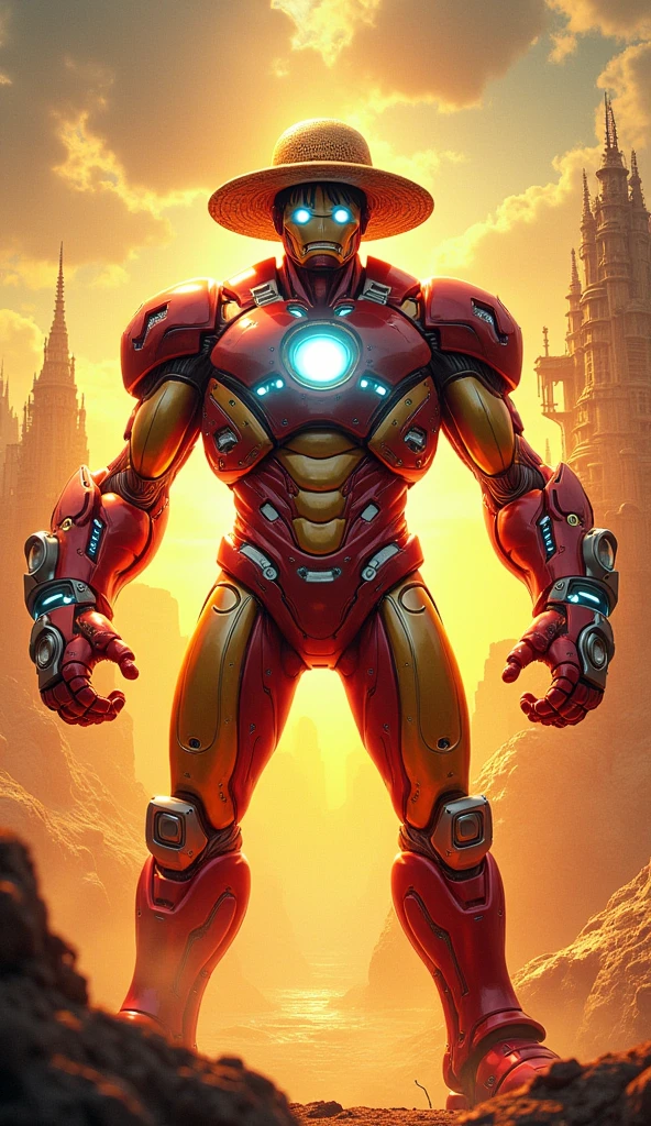 Create 32k hybrid muscular, dangerous fusion of Luffy and Iron Man ...