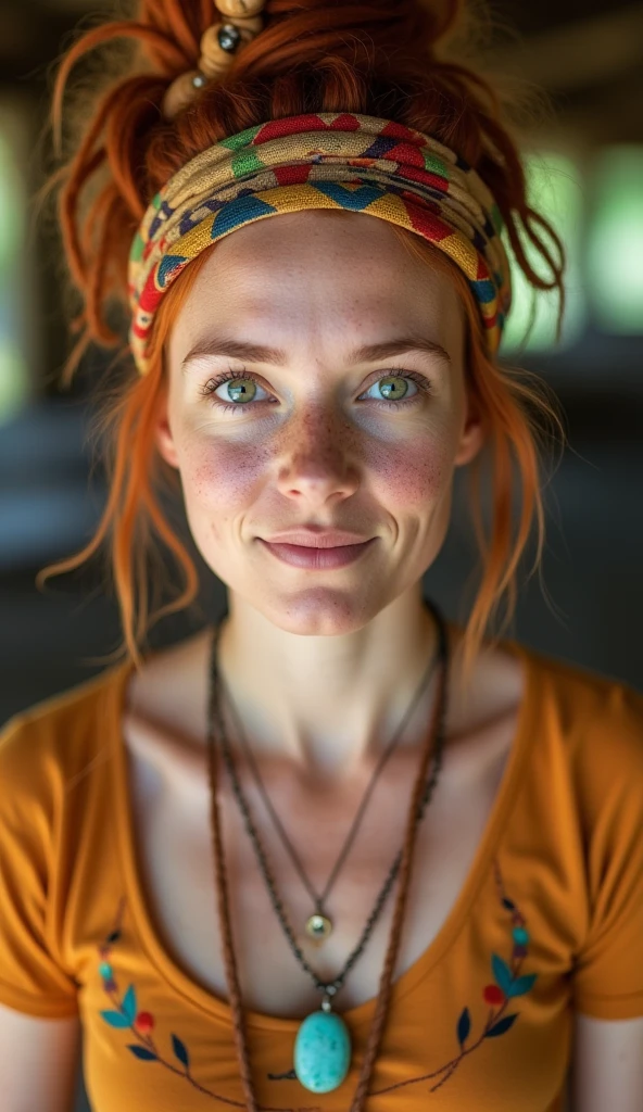 Close-up of the woman with her redheaded dreadlocks collected in a high ...