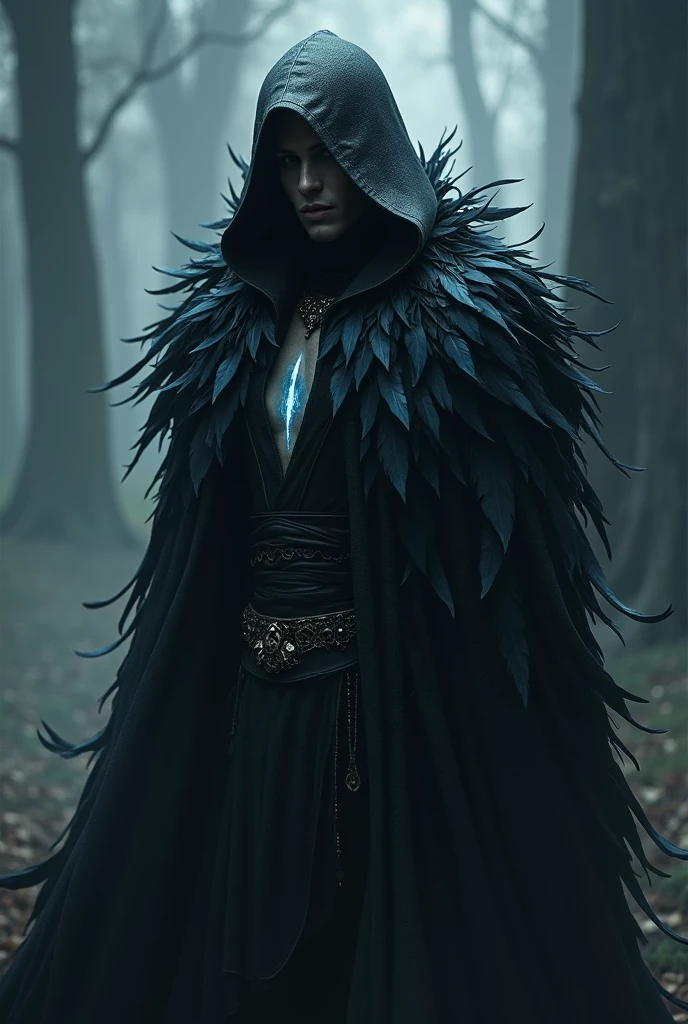 Male Aasimar fallen, black cloack made from feathers and a hood made ...