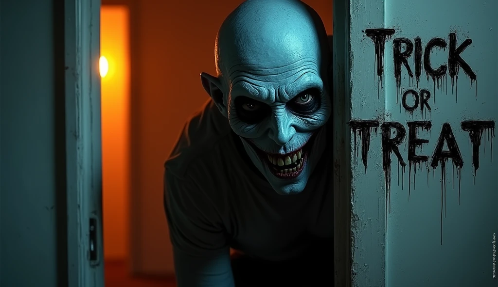 An eerie Halloween scene featuring a ghastly figure with pale blue skin ...