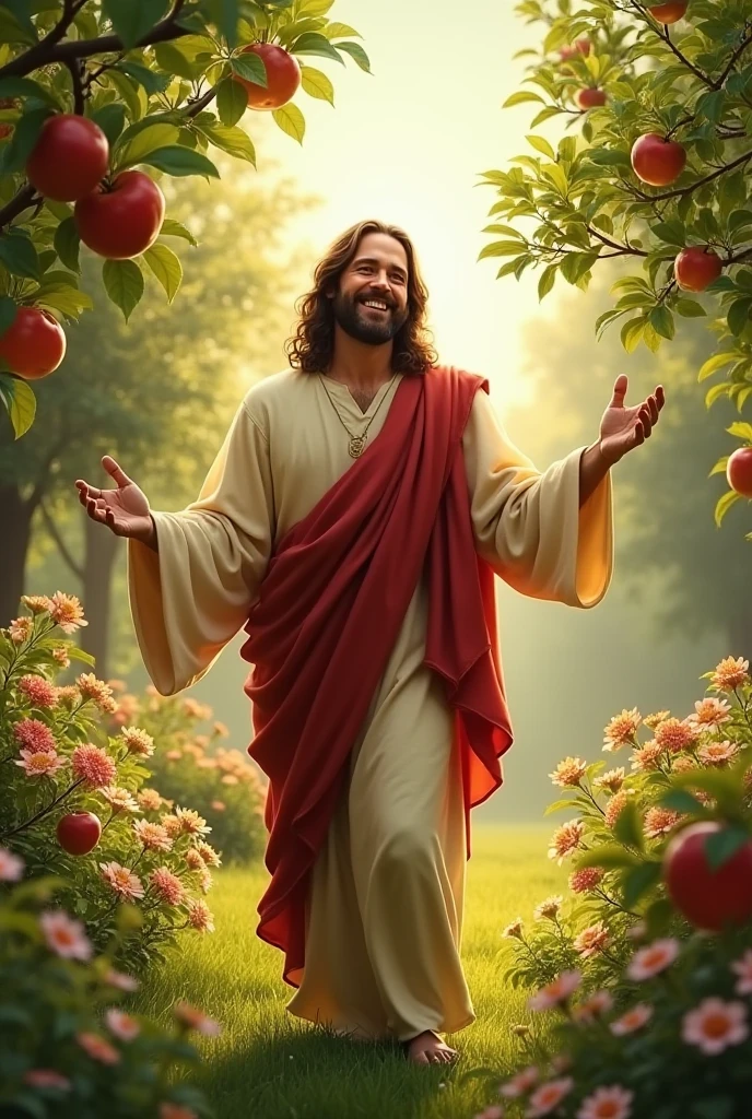 Jesus standing happily in a green garden with tasty apples on trees and ...