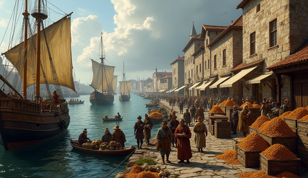 A bustling European harbor in the 16th century with ships unloading ...