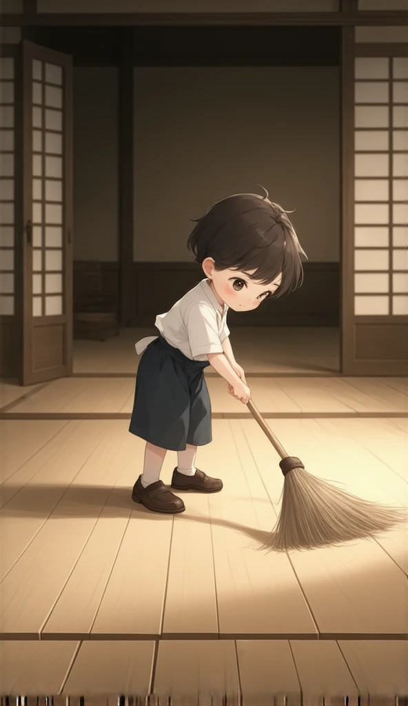 "An adorable anime boy sweeping the floor in a traditional Japanese ...