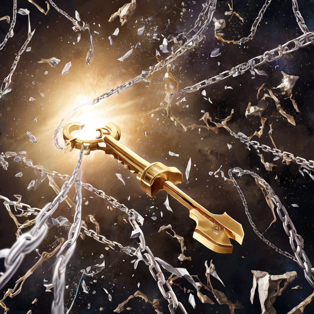A golden key floating in zero gravity, surrounded by shattered chains ...
