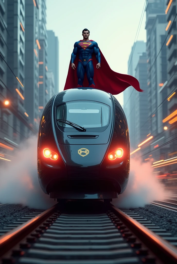 Create a moving train with superman on it - SeaArt AI