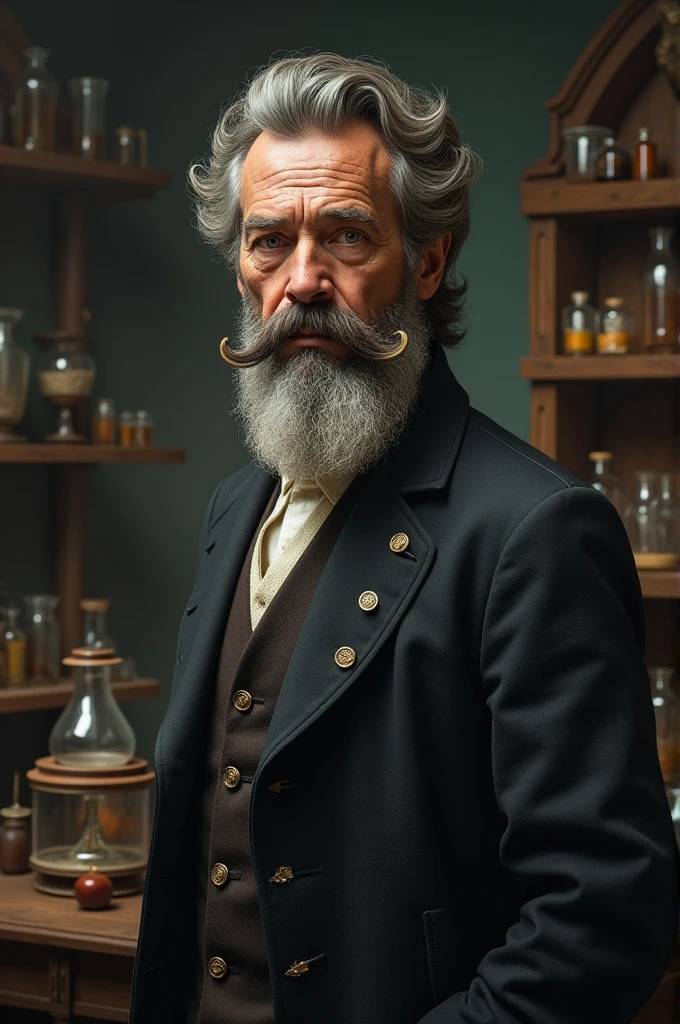 Dnd character. Human man 45 years old. Alchemist. Van dyke beard with ...