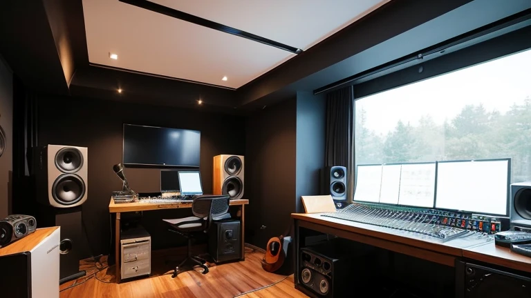 it's a realistic music studio illustration 。Inside the room is dark ...