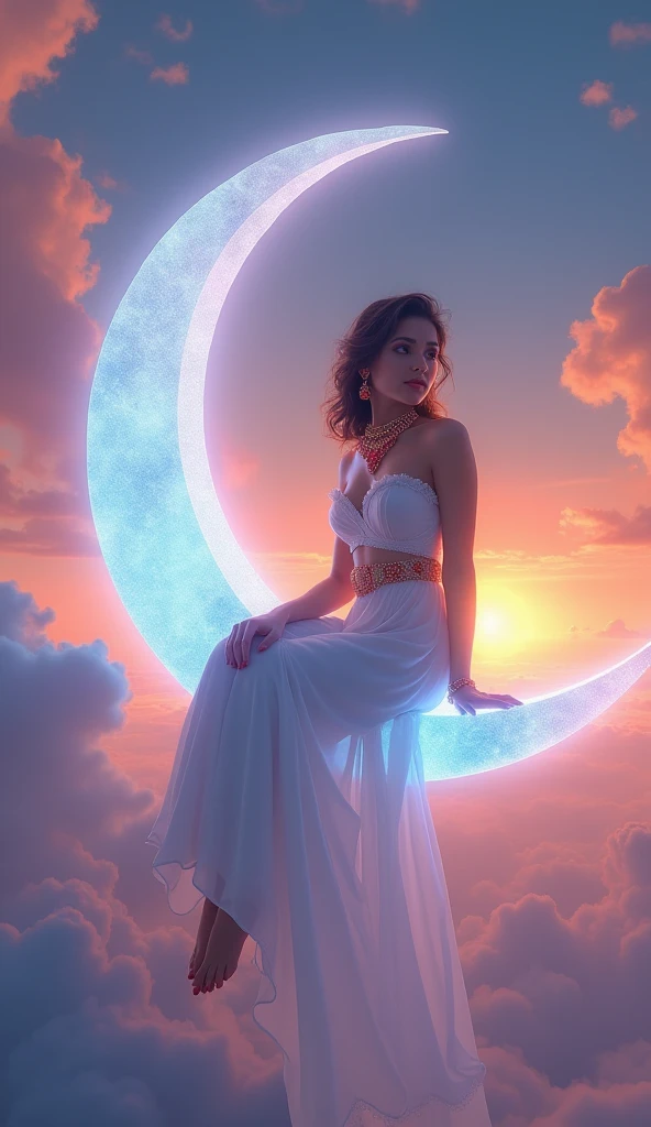 A beautiful girl sitting on a moon in a cloud, the moon was glowing ...