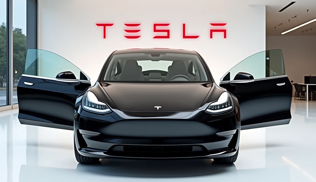 “Generate an image featuring the Close up front view of a sleek black ...