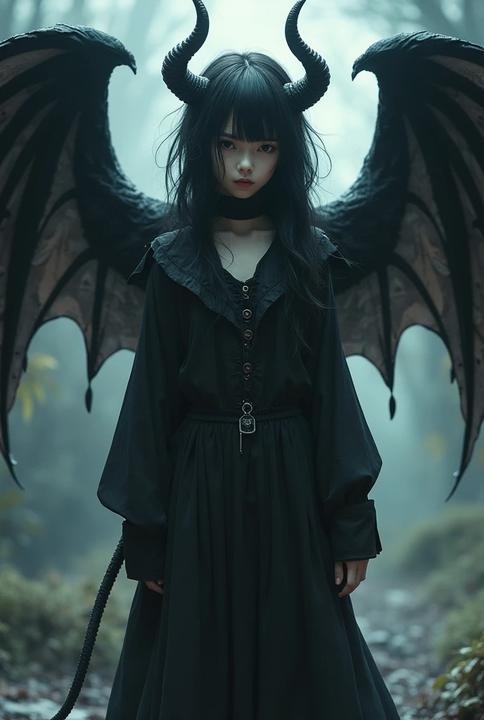 Half demon half human with wings horns and tail with black hair and black eyes a - SeaArt AI