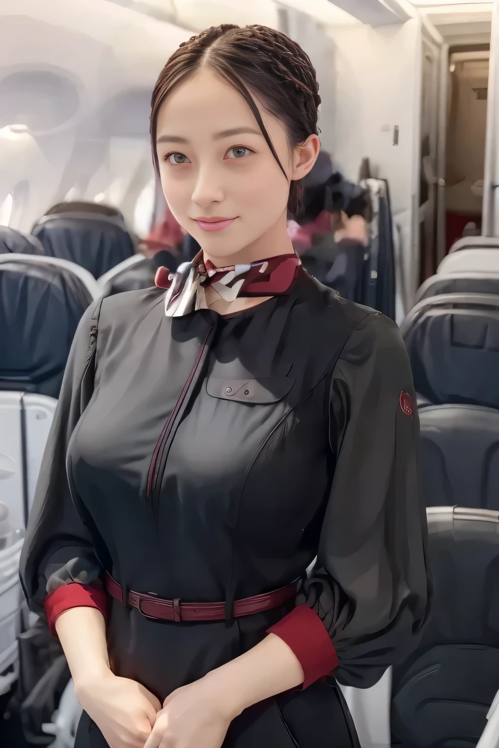Arafed woman in a black dress and red bow tie on an airplane - SeaArt AI